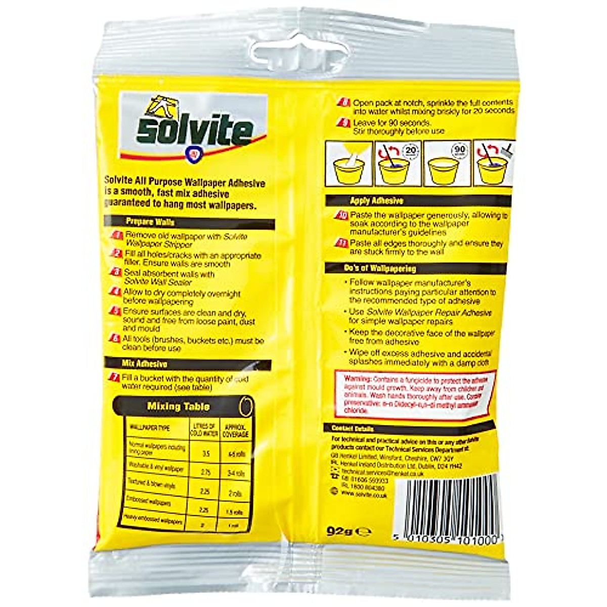 Solvite All-Purpose Wallpaper Adhesive, Reliable Adhesive for Wallpaper, All-Purpose Adhesive with Long-Lasting Results, Wallpaper Paste Hangs up to 5 Rolls (1x92 g Sachet)