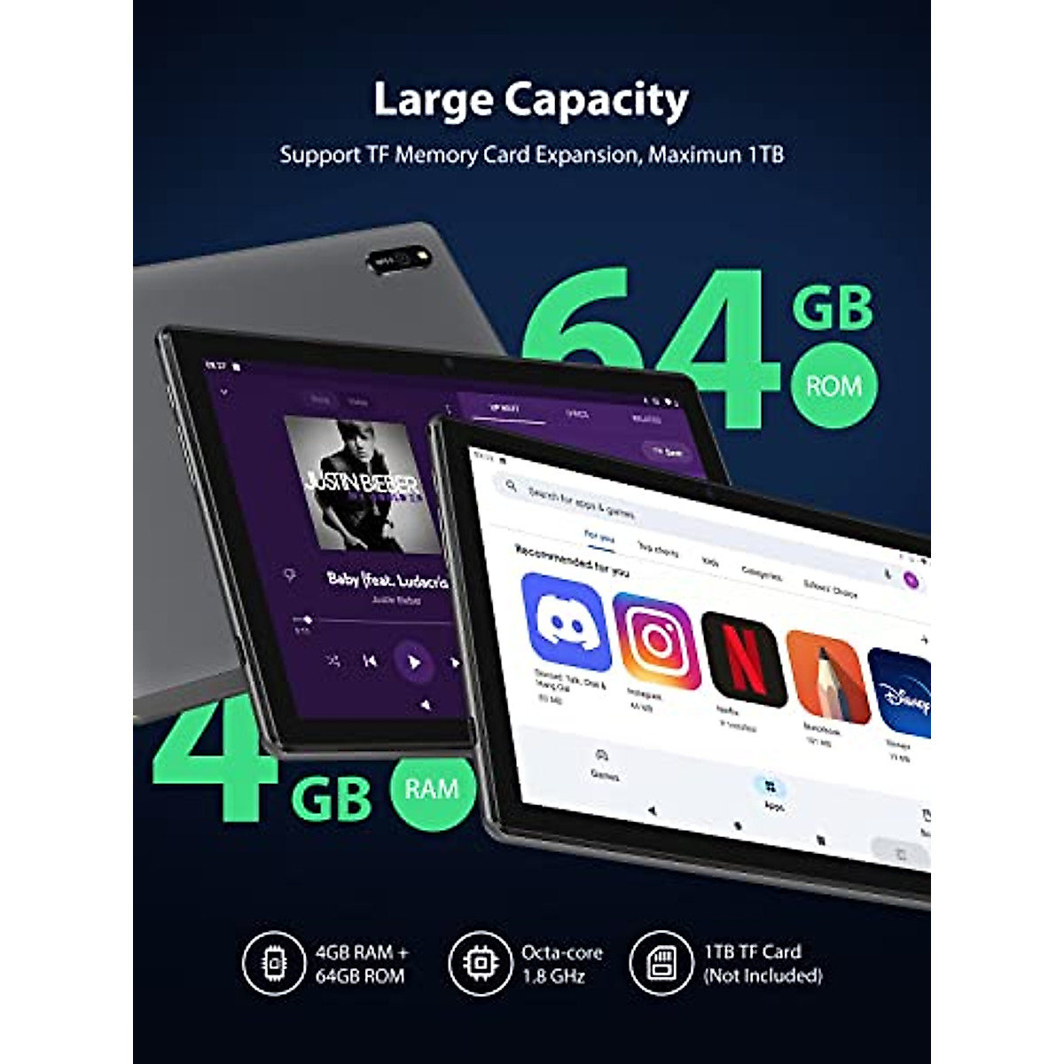 YUMKEM 10 inch Octa Core Tablet, 4GB RAM 64GB Storage, Android Tablet with Keyboard and Tablet Case, 10.1” IPS HD Display, Android OS, 6000 mAh Battery, Bluetooth, 5G Wi-Fi, GPS, FM, Dark Grey