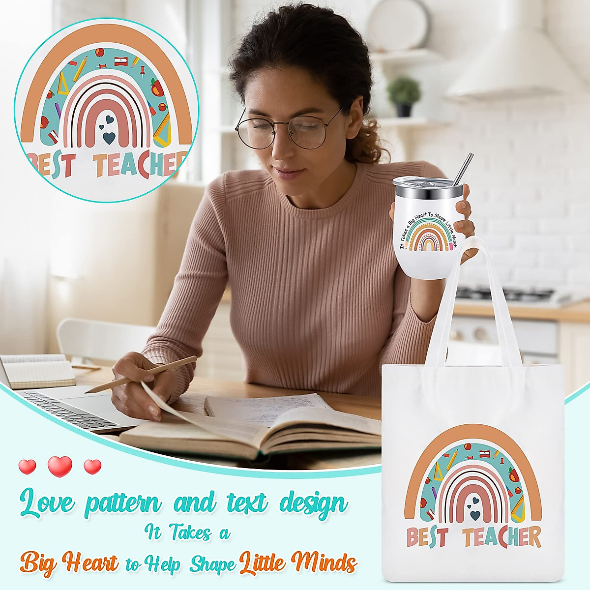 Amylove 8 Pcs Teacher Appreciation Gifts Canvas Tote Bags Bulk Thank You Teacher Bag Rainbow Inspirational Handbag(Classic)