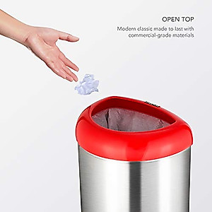 NINESTARS OTT-50-19RD Open Top Office Bathroom Trash Can, 13 Gal 50L, Stainless Steel Base (D Shape, Red Lid)