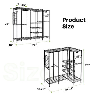 HOKEEPER Heavy Duty Clothes Rack Portable Closet Rack with Adjustable Shelves, Side Mesh Board and Hooks Freestanding Clothing Racks for Hanging Clothes Garment Racks Load 1500LBS 76"W*16"D*76"H Black