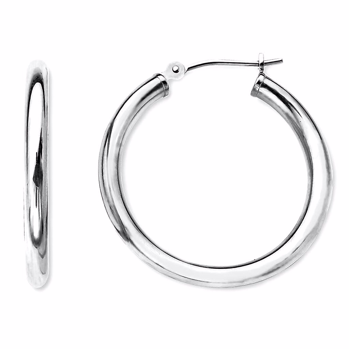 14k REAL White Gold 20MMx2.0MM Thickness Classic Polished Round Tube Hoop Earrings with Snap Post Closure For Women