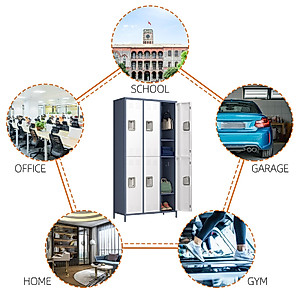 Aobabo Metal Office Storage Lockers, 6 Lockable Door Locker Cabinet, 72" H Tall Storage for Employee,Gym,Home,School, Gray White, Assembly Required