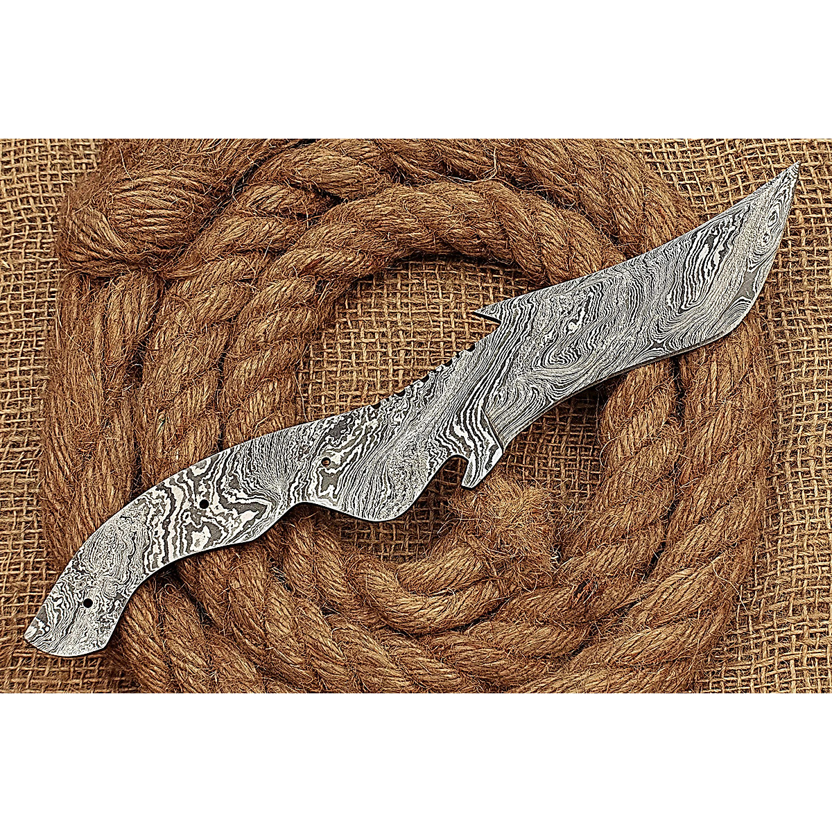 HUNTEX Custom Handmade Hand-Forged Twist Pattern Damascus Steel 10.5 Inch Long Full Tang Razor Sharp Camping Hunting DIY Blank Blade Gut Hook Knife for Knife Making