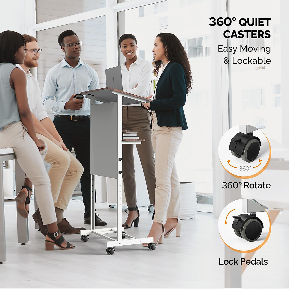 VINGLI Portable Podium Stand, Height Adjustable Lectern Podium with Shelf for Reports, Mobile Stand Up Lectern, Rolling Pulpits for Church with Edge Stopper (White/Brown, 24'' Wide)