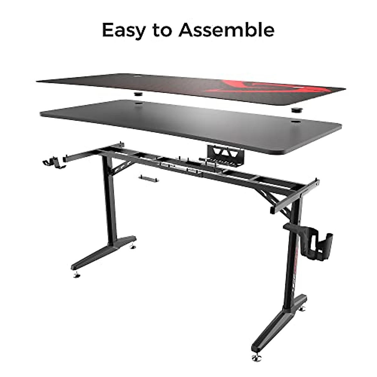 DESIGNA 60 inch Gaming Desk, Large Curved Computer Desk with Full Mouse Pad, T-Shaped Professional Gamer Studio Table for 3 Monitors with USB Handle Rack Cup Holder Headphone Hook, Carbon Fiber Black