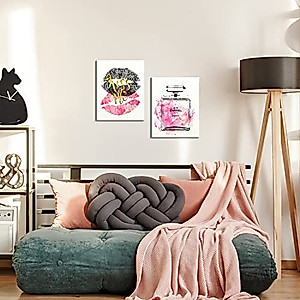 Creoate Fashion Women Canvas Wall Art for Girls Bedroom 2 Pieces Modern Pink Perfume Lady Lips Poster Canvas Print Artwork Framed Set for Women Room Decor,Wrapped Canvas,12x15 Inch x2pcs