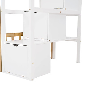 Stairway House Bunk Beds for Kids ,Floor Bunk Beds Twin Over Twin , Wood Bunk Beds with Storage Stairs , Toddlers Bunk Beds with Roof, Window for Girls, Boys , Natural Bed +White Stair