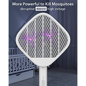 Electric Fly Swatter Racket Fly Zapper - Powerful 4000V Mosquito Zapper Racket & Night Bug Zapper 2 Modes, Foldable Hanging Standing Handheld Rechargeable Fly Killer, 3-Layer Safe for Humans Pets