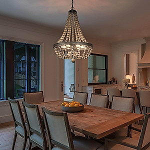 LALUZ Farmhouse Chandelier, Boho Light Fixture for Dining Room, Bedroom, Handmade Wood Beads, 6-Light, 28.3" H x 20.1" W