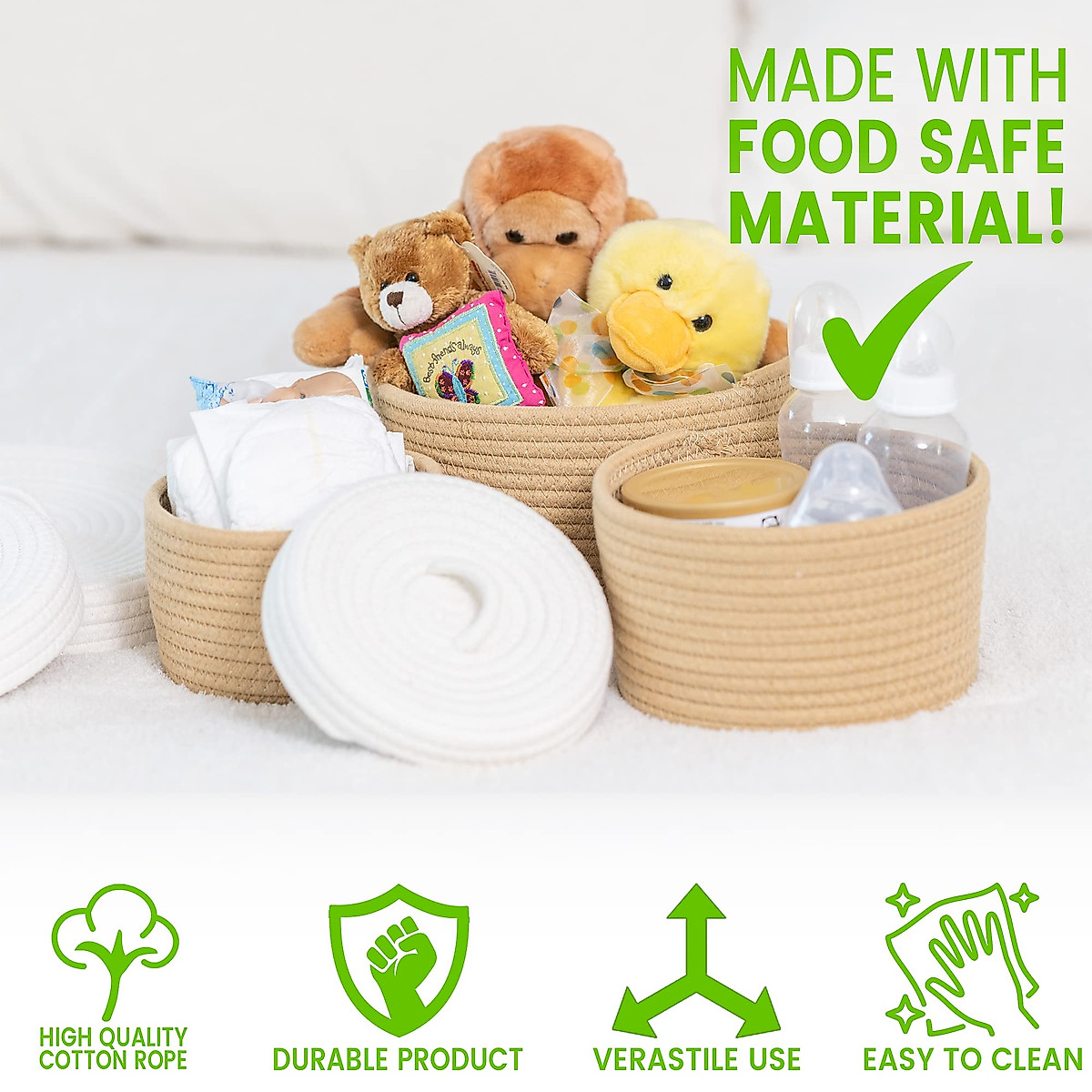 Auguste Round Basket with Lid - Set of 3 Storage Baskets with Lid - Decorative Storage Basket With Lid, Woven Basket with Lid, Cute Cotton Rope Basket, Multi-Purpose Cotton Rope Storage Basket