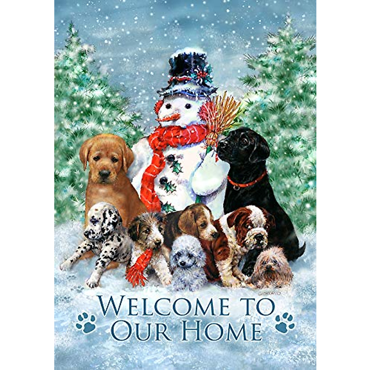 Toland Home Garden 28x40 Inch Double Sided Garden Flag Winter Flag, Snowman with Pups Christmas Winter Garden Flag House Flag For Outdoor Yard Decoration