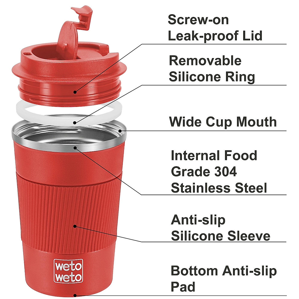 WETOWETO 12oz Reusable Coffee Cup, Coffee Travel Mug with Lid, Spill Proof Thermal Mug, Double-Walled Insulated Cup, Stainless Steel Portable Cup for Hot and Cold Drinks(Red)