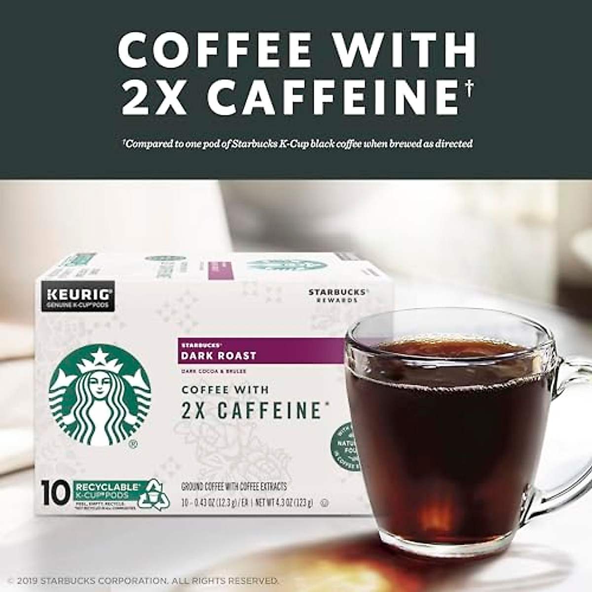 Starbucks Dark Roast K-Cup Coffee Pods with 2X Caffeine, for Keurig Brewers, 6 boxes (60 pods total)