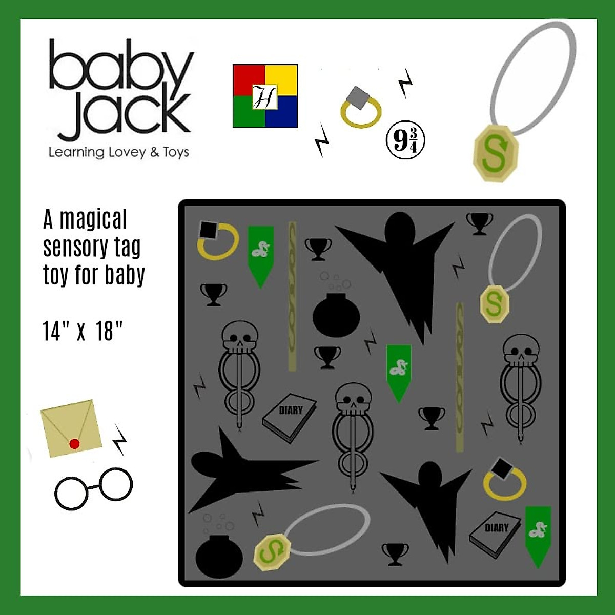 Baby Sensory, Security & Teething Closed Ribbon Tag Lovey Blanket with Minky Dot Fabric: 14”X18” (Dark Magic)