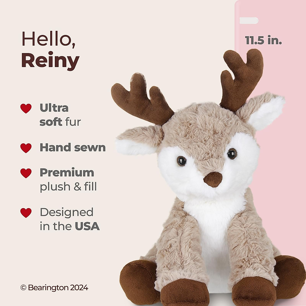 Bearington Reiny Plush Reindeer Stuffed Animal, 11.5 Inch Stuffed Reindeer Plush Toy, Ideal Christmas Stuffed Reindeer Gift for Toddlers, Kids & Teens