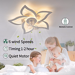 Yfrest Ceiling Fan with Lights Remote Control, White Personalized Ceiling Fan with Light, 6 Speeds 3 Light Color Flush Mount Ceiling Fan for Kitchen Bedroom