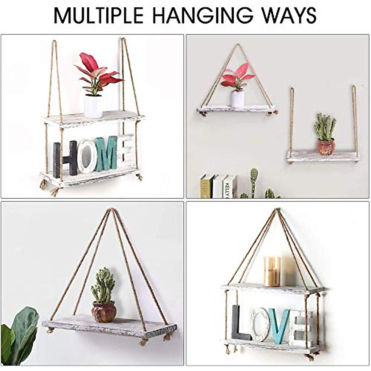 CuffUp Rope Hanging Shelves for Wall, Hanging Wall Shelves Floating Shelves White for Wall 2 Set of Whitewashed Rustic Wall Decor