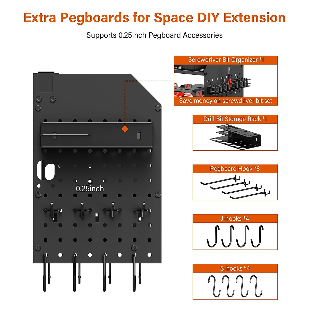 JUNNUJ Large Pegboard Power Tool Organizer with Charging Station, 8 Drills Driver and Tools Battery Holder Wall Mount with 8 Outlet Power Strip, Black 3-Layer Shop Garage Storage Utility Rack
