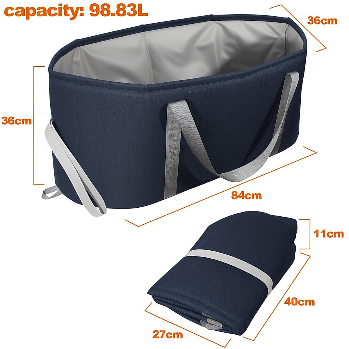 Foldable Laundry Basket 98.8L Waterproof Oxford Cloth Collapsible Laundry Basket with Plastic Supports on the Bag Opening and Sides - Black