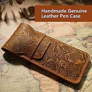 Q1T5 Handmade Genuine Leather Pen Pouch, Vintage Pencil Carrying Sleeve Crazy Horse Leather Pen Protective Bag Carving Style Brown