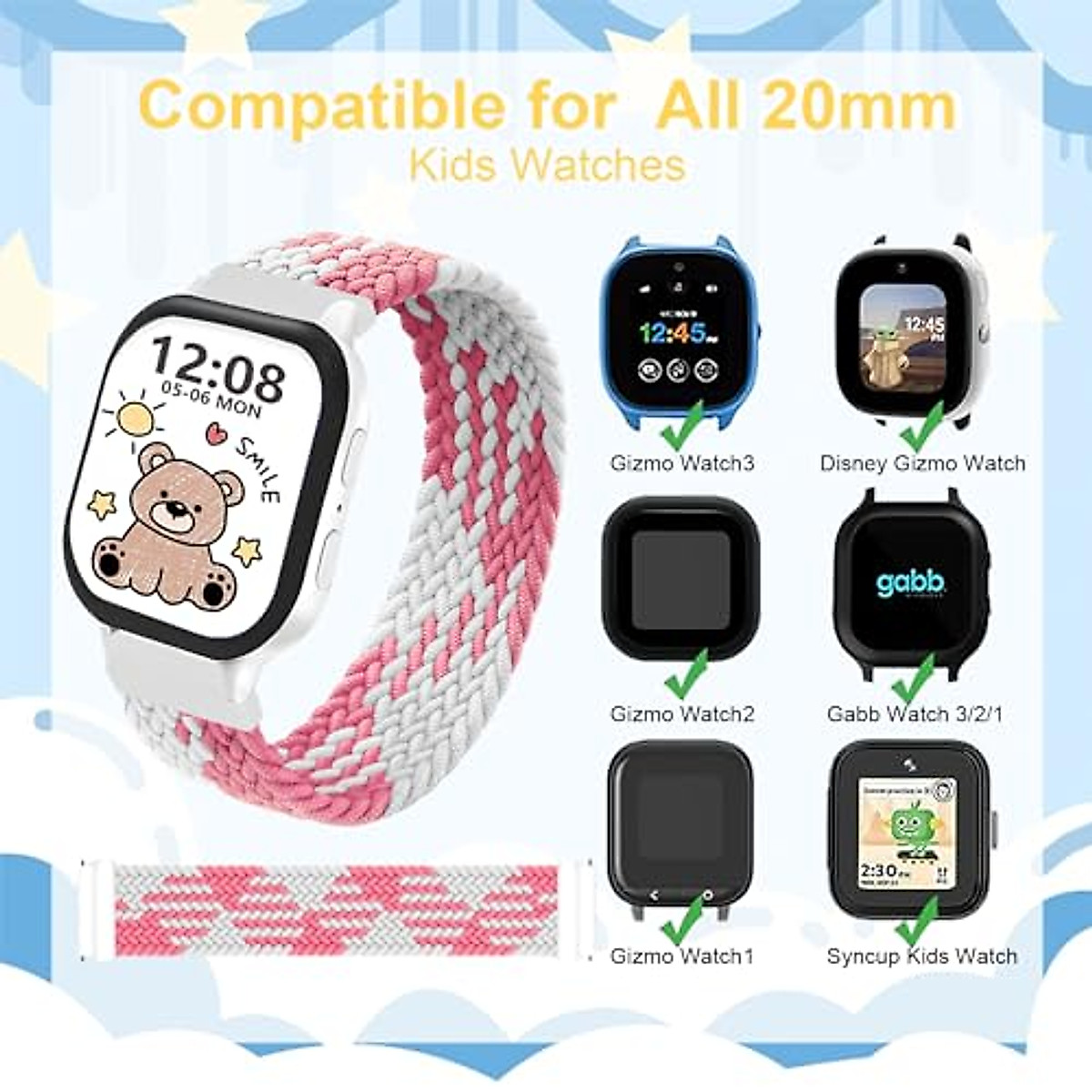 Khxriypha 2 Pack Nylon Braided Band Replacement for Kids Compatible with Gizmo Watch Edition/Gizmo Watch 3/2/1 Gabb Watch/SyncUP Watch 20mm Kids Breathable Solo Loop Stretchy Strap for Boys Girls