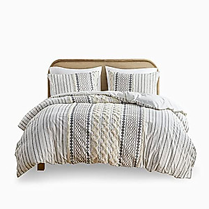 INK+IVY Imani 100% Cotton Duvet Mid Century Modern Design, All Season Comforter Cover Bedding Set, Matching Shams, King/Cal King, Ivory Chenille Tufted Accent 3 Piece