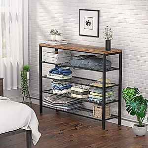 Topfurny Shoe Rack, Industrial Shoe Storage Organizer, Large 5-Tier Metal Shoe Rack Shelves with Wood Board, Entryway Table for Hallway, Living Room, Closet, Bedroom