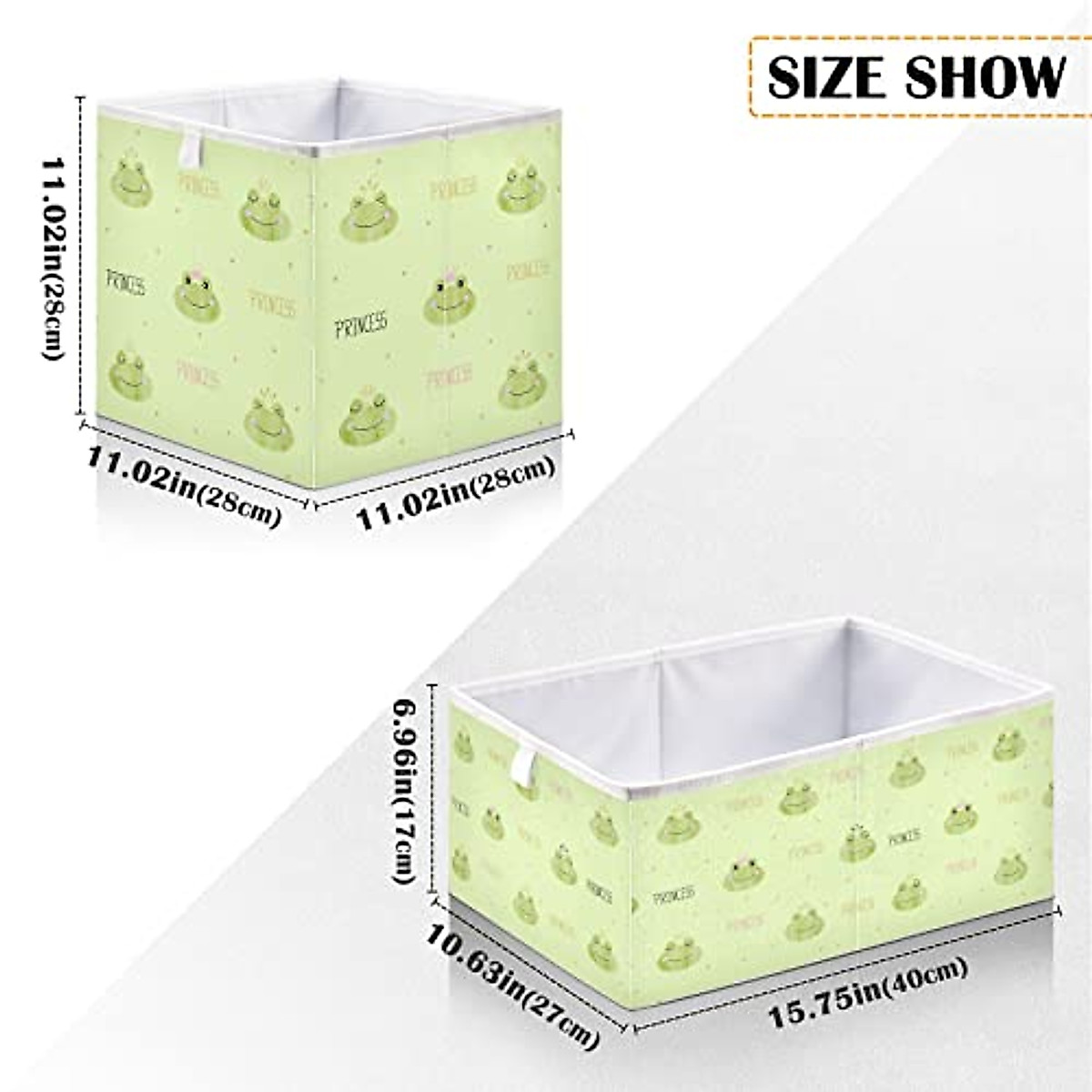 JIPONI Cute Princess Frogs Foldable Storage Basket Bin, Storage Cube Box Organizers for Toys, Clothes, Closet, Shelves 11x11x11 In