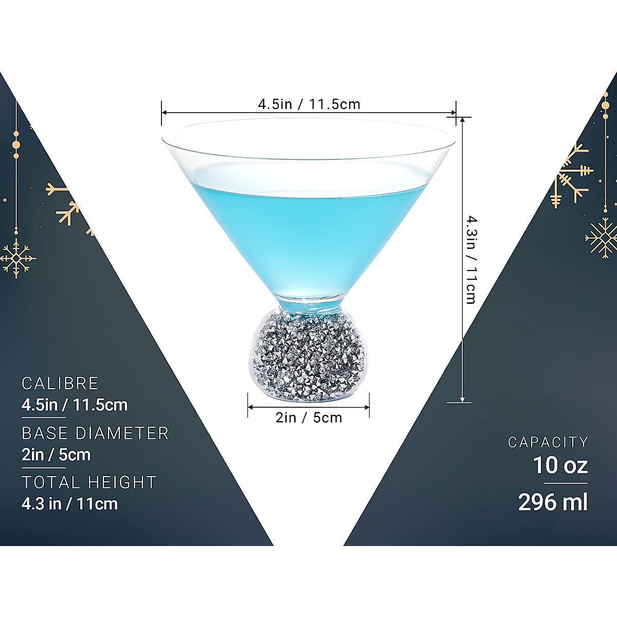 Dounx Set of 4 Stemless Martini Glasses, 8oz Margarita Glasses for Men and Women, Ultra-Thin Rim, Lead-Free Glass, Silver Rhinestone-Filled Spherical Base, Reusable