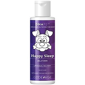 DNA PET Happy Sleep Melatonin Liquid Drops, Vitamin E Calm Formula, Whey Protein Canine Care Supplement, Phospholipid Complex & Phosphatidylcholine, Smoked Bacon Flavor, Sugar-Free, Non-GMO, 7.6 fl oz