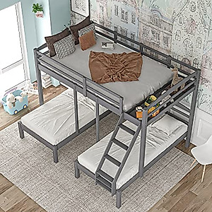TARTOP Full Over Twin Bunk Bed with Small Drawers & Ladder for Kids/Adults Bedroom,3 in 1 Triple Bunkbed,Solid Pinewood Bedframe w/Safety Guardrals,Space Saving Design & No Box Spring Needed, Gray