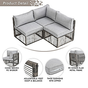 Festival Depot 3 Pieces Patio Conversation Set Sectional Corner Sofa Combination Outdoor Furniture All-Weather Wicker Metal Armless Chairs with Seating Back Cushions Garden Deck Poolside (Grey)