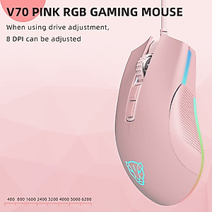 MOTOSPEED V70 USB Wired Gaming Mouse,DPI 6400 ZEUS6400 Optical Sensor,Chorma RGB Backlit,7 Programmable Buttons，Ergonomic PC Gaming Mouse for Laptop, PC, Mac(Pink)