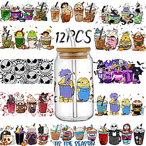 Elitles Made Halloween UV DTF Cup Wrap Transfer for Glass 16oz, 12 Sheetes Transfers Stickers Decals, Rub on Crafts, Ready to Apply, Permanent Adhesive, No Heat Needed