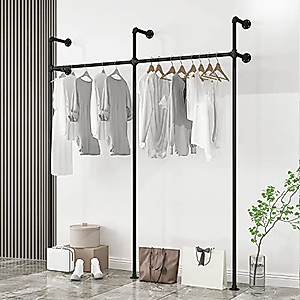 LANJIN Industrial Pipe Clothing Rack On Wall,Moden Wall Mounted Closet Storage Rack,Hanging Clothes Retail Display Rack,Heavy Duty Steampunk Garment Racks,Black & Double A