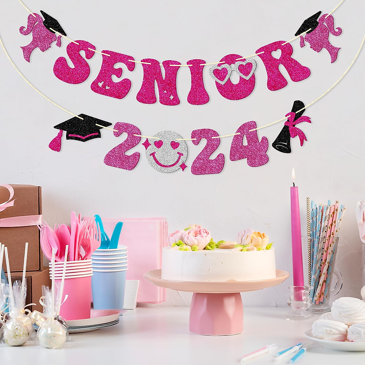 Senior 2024 Banner, Pre-strung Graduation Banner for Girls, 2024 Congrats Grad Party Decorations, Music High School College Graduation Bunting Sign, Pink Glitter