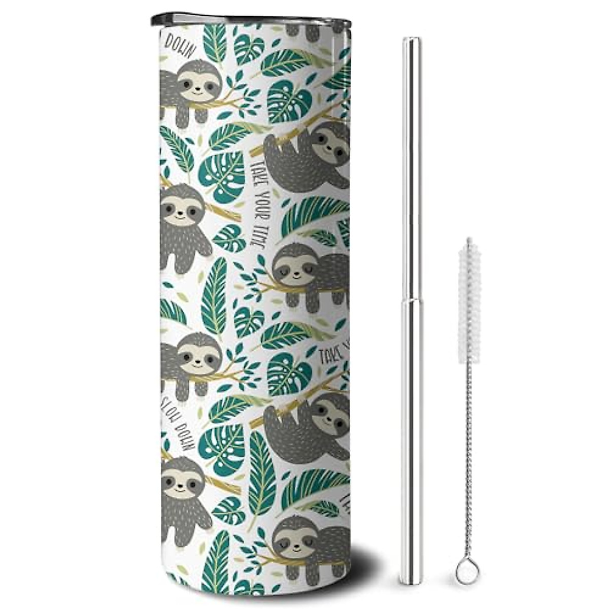 20 oz Sloth Skinny Tumblers with Lid and Straw, Sloth Stainless Steel Vacuum Insulated Travel Coffee Mug Cup Water Bottle, Sloth Decor Stuff Accessories, Gifts for Women Girls Sloth Lover