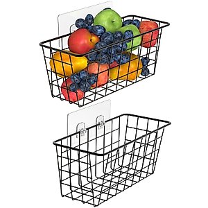 Hanging Kitchen Baskets For Storage Adhesive Small Wire Storage Baskets No Drilling Wall Mounted Shelf with Kitchen Food Pantry Bathroom Shelf Storage, 2 PACK, Black