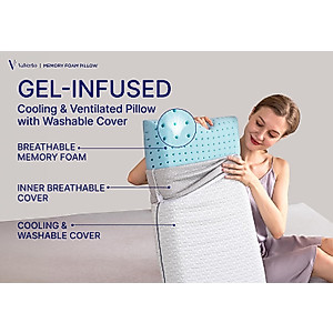 Vaverto Gel Memory Foam Pillow - Queen Size - Ventilated, Premium Bed Pillow with Washable and Bamboo Pillow Cover, Cooling, Orthopedic Sleeping, Side and Back Sleepers - College Dorm Room Essentials