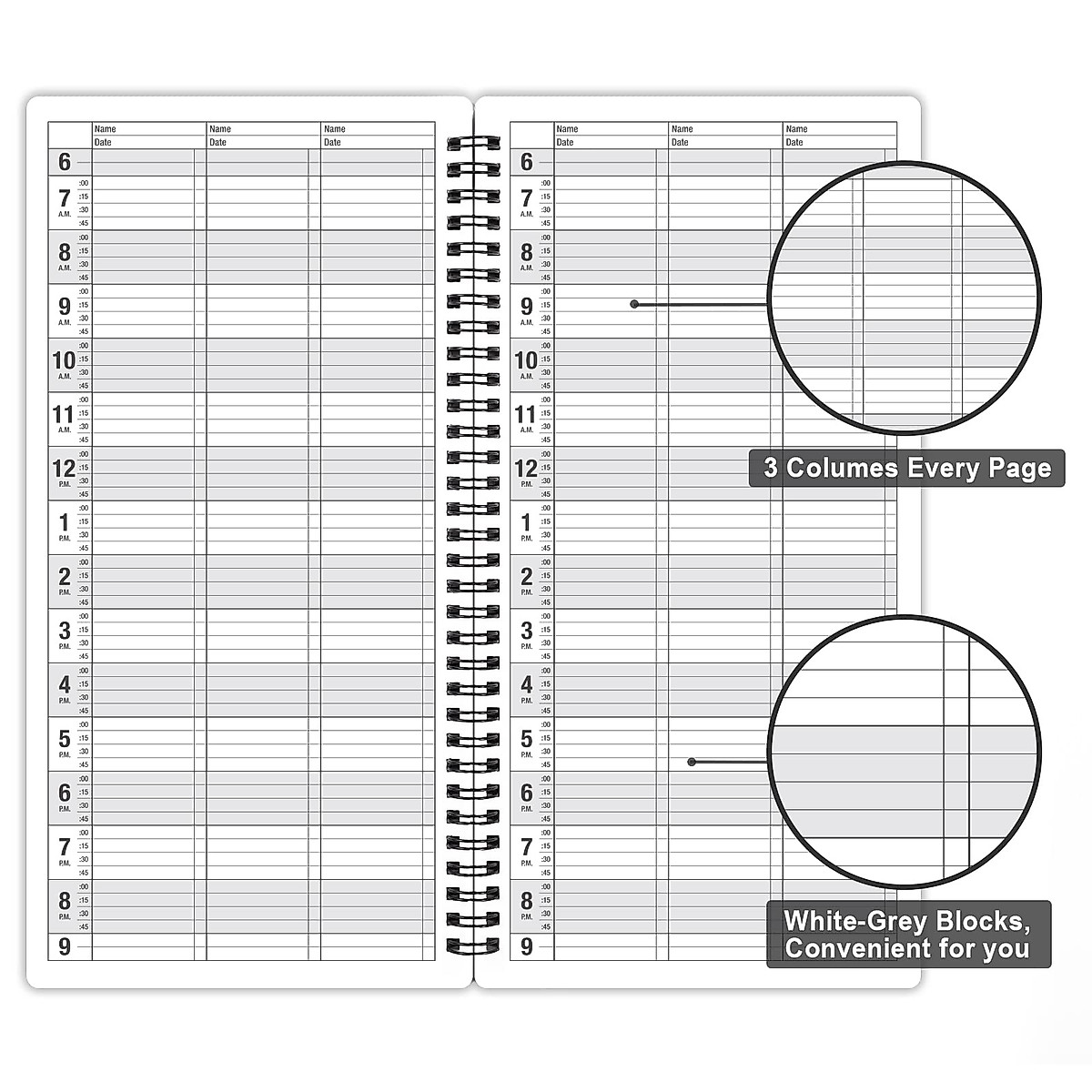 Appointment Book – Undated Salon Appointment Book, Daily＆Hourly Schedule Book with 200 Pages, 6 AM - 9 PM, 15 Minute Intervals Day Planner, 6’’ x 11.5’’, 3 Column, Twin-Wire Binding, Hardcover