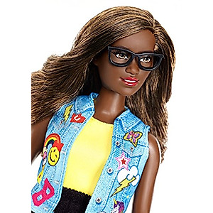 Barbie Curvy African-American Doll in Denim Emoji Vest and Black Skirt