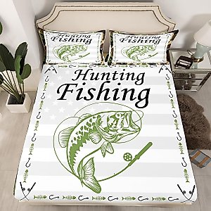 Hunting and Fishing Bed Sheet Set Full Size Pike Fish Fitted Sheet for Kids Adults Teens Boys Men Fisherman Fishhook Bedding Set Camo American Flag Bedding Sheets Bedroom Decor with 2 Pillow Case