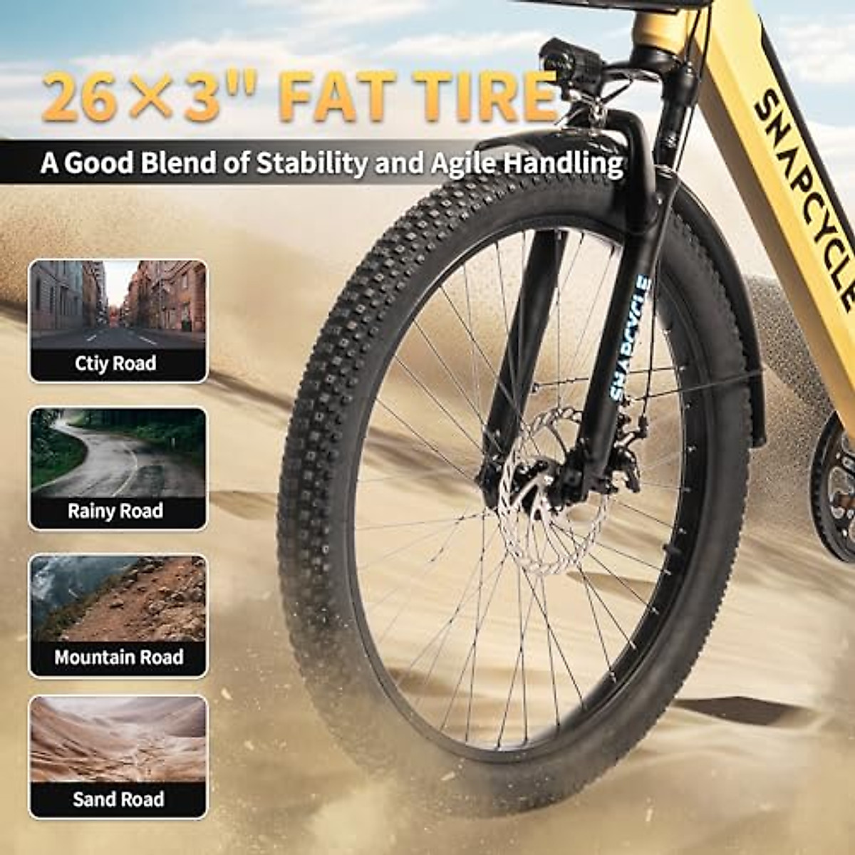 Snapcycle Stinger Electric Bike for Adults, 750W Peak Motor 28mph, 614Wh Removable Lithium Battery 40+ Mile Range, 3A Charger, 26 * 3.0 Inch Fat Tire Commuter Ebike 7-Speed
