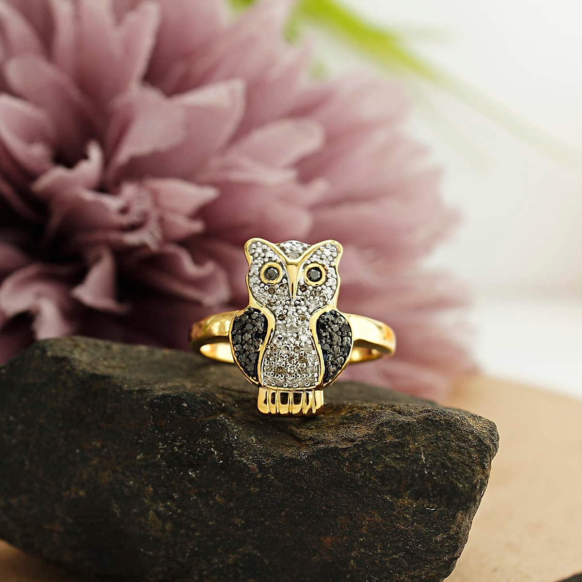 AFFY 1/4 Carat Round Cut Black And White Natural Diamond Owl Ring In 14K Yellow Gold Over Sterling Silver (0.25 Cttw, I2-I3 Clarity) Ring Size-8