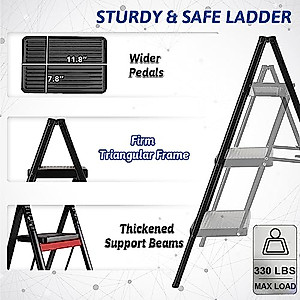 Double Elite Step Ladder 3 Step Folding, Sturdy 330 Lbs Small Step Stool for Adults, Safer Full Steel Multi-use Kitchen Ladder for Home, Closet Step Stool Ladder with Anti-Slip Wide Pedals, Black