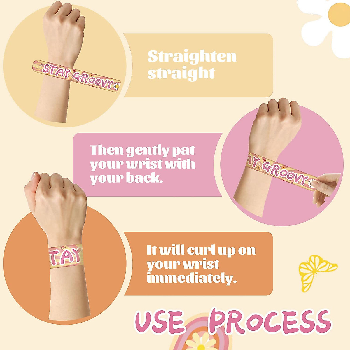 YYMYMGJ 60 Pieces Groovy Slap Bracelets Hippie Boho Wristbands Daisy Flower Peace Rainbow Butterfly and Love Bracelets for 60s 70s Groovy Party Favors Gifts Birthday Party Supplies Decorations