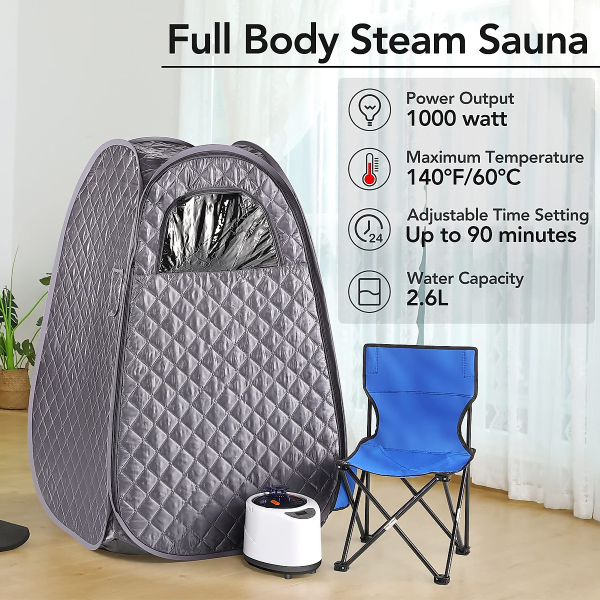 IvyBess Portable Steam Sauna for Home, 2.6L 1000W Portable Full Body Sauna, Sauna Tent with Steamer, 90 Minute Timer, Chair, Remote Control Included