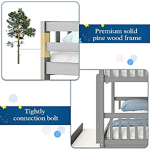 Unovivy Full Over Full Bunk Bed with Trundle, Bunk Beds Convertible to 2 Platform Full Size Bed Frame with Guardrails and Ladder, Suitable for Kids, Teens, Adults, No Box Spring Needed, Grey