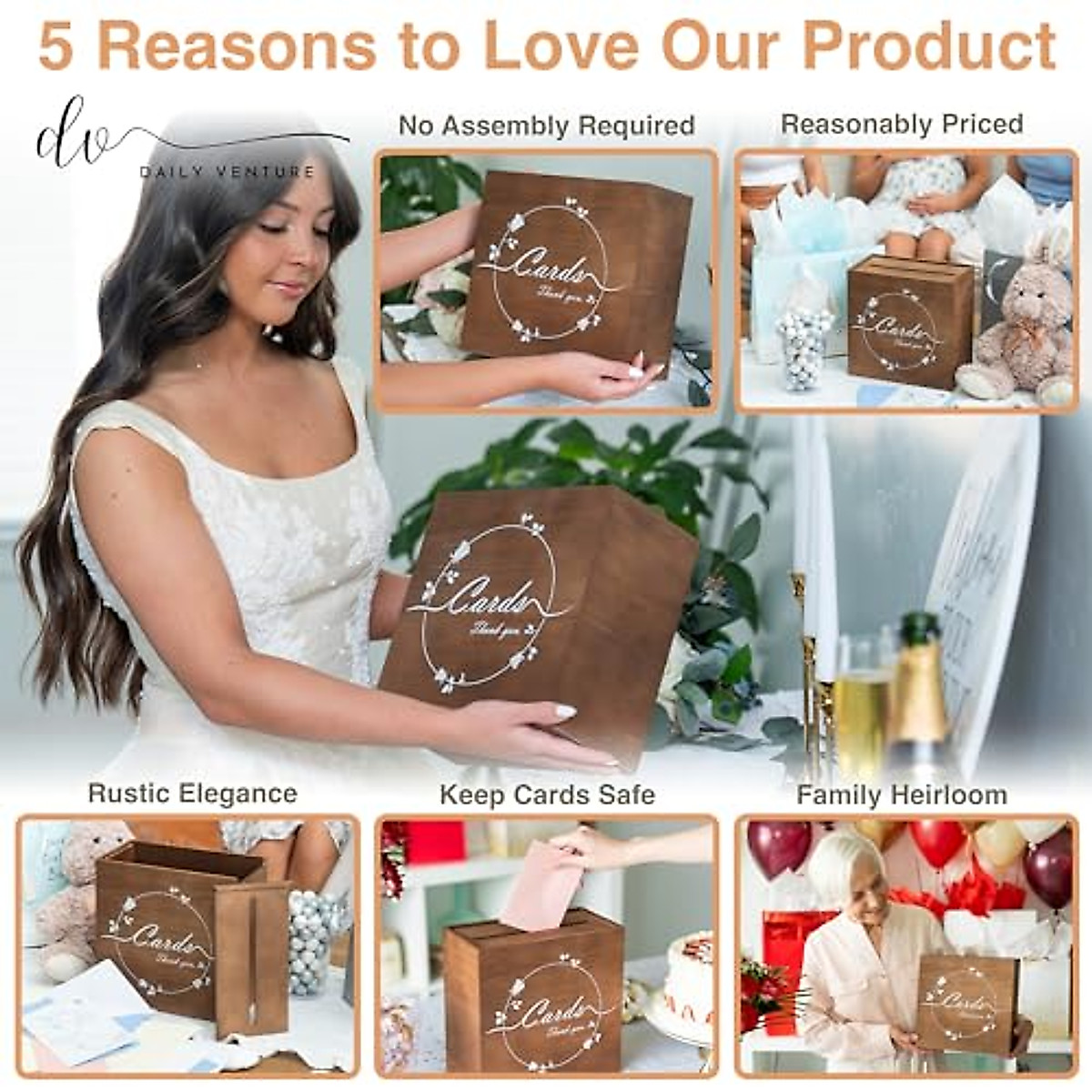 Daily Venture Wood Card Box with Slot & Lid | Assembled Card Box for Party | Rustic Wood Card Box for Wedding, Envelope Gift Box for Reception, Baby Shower, Wedding Card Box for Cards and Money